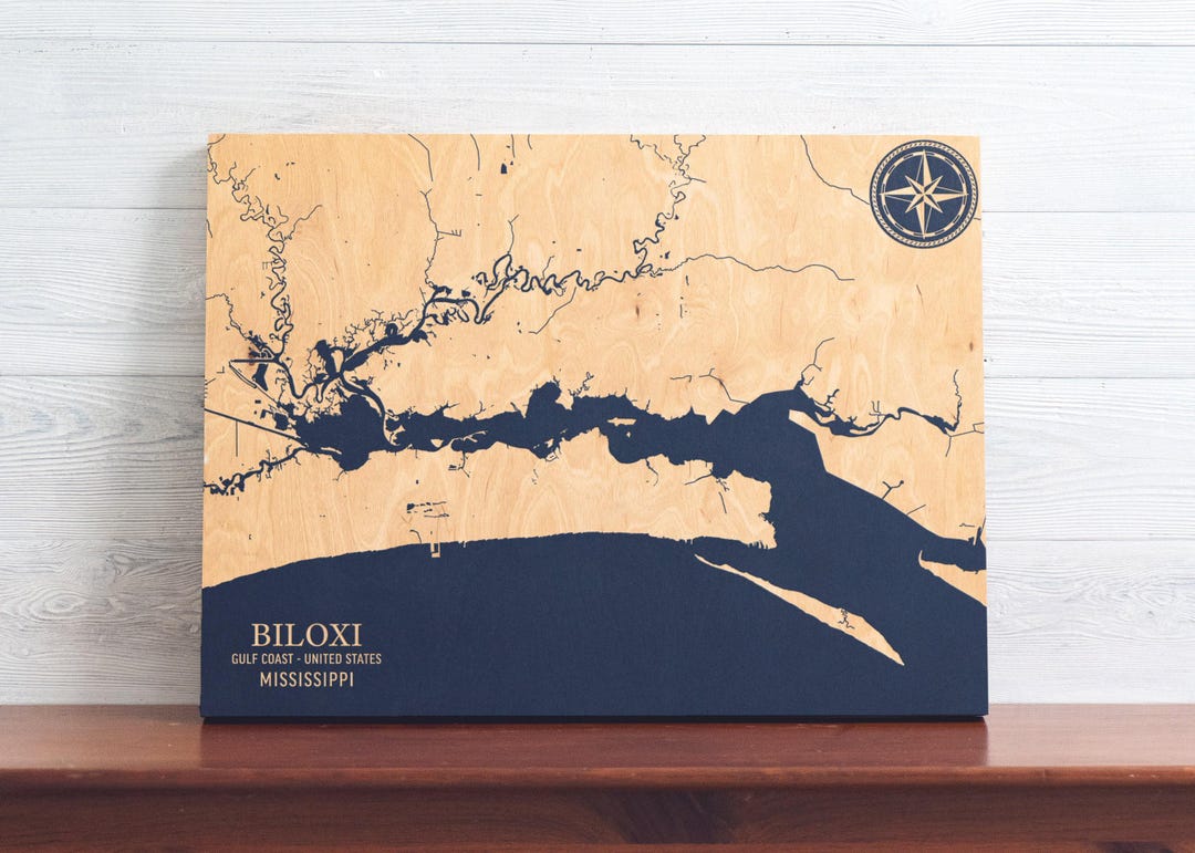 Biloxi, Mississippi Map | Engraved Wood Coastal Chart Wall Art Sign ...