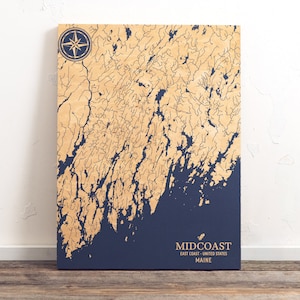Midcoast, Maine Map | Engraved Wood Coastal Chart Wall Art Sign, Beach ...