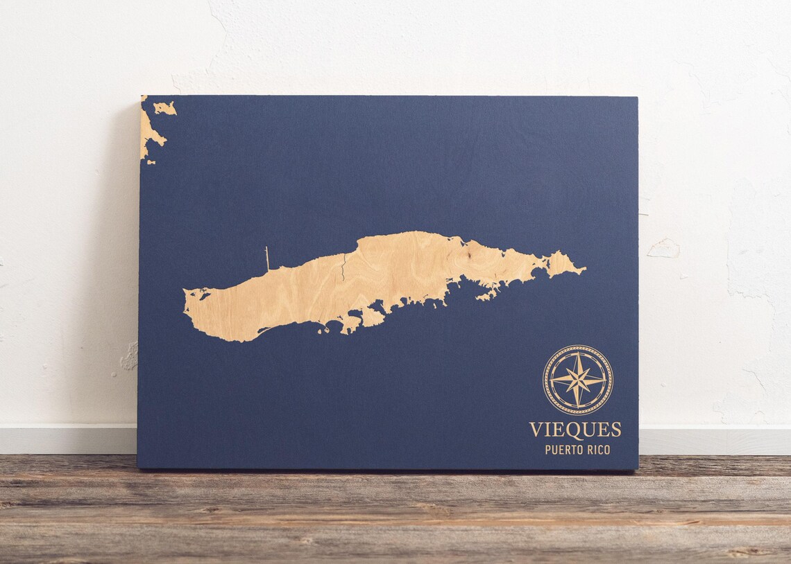 Vieques, Puerto Rico Map | Engraved Wood Coastal Chart Wall Art Sign ...