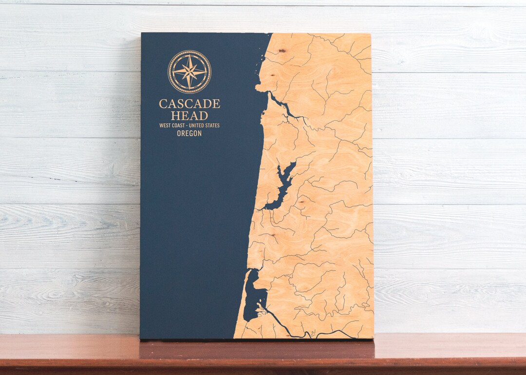 Cascade Head, Oregon Map | Engraved Wood Coastal Chart Wall Art Sign ...