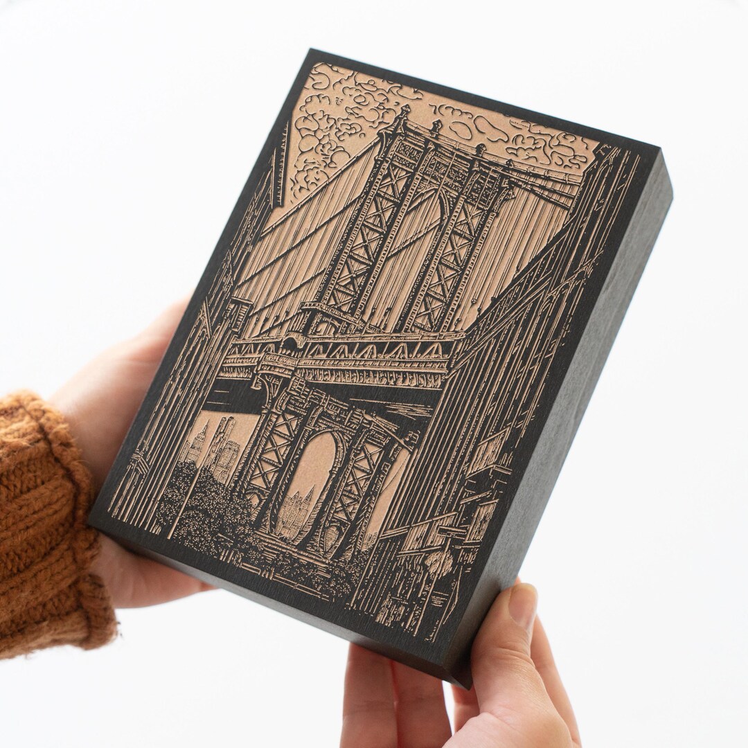 Manhattan Bridge Engraved Wood Panel | Block Print Style, New York City ...