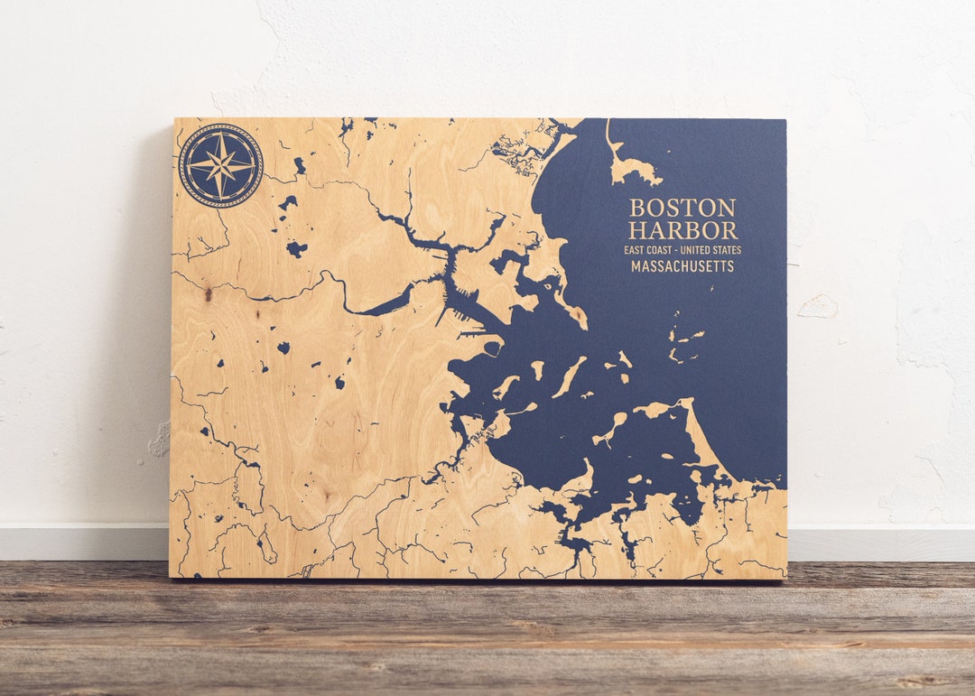 Boston Harbor, Massachusetts Map Engraved Wood Coastal Chart Wall Art ...