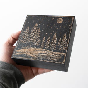 Starry Night Mini Engraved Birch Wood Panel | Block Print Style Nature ...