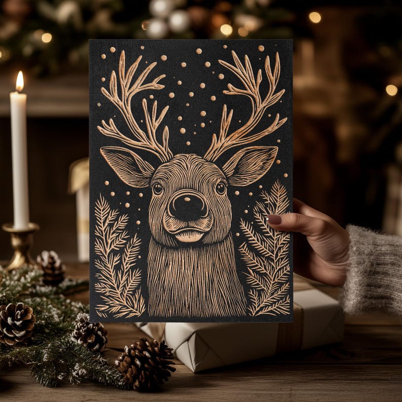 Santa's Reindeer Engraved Wood Panel | Retro Block Print Wall Art ...