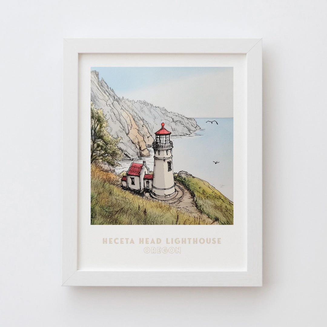 Heceta Head Lighthouse Oregon Wall Art Print - Pen Ink & Watercolor ...