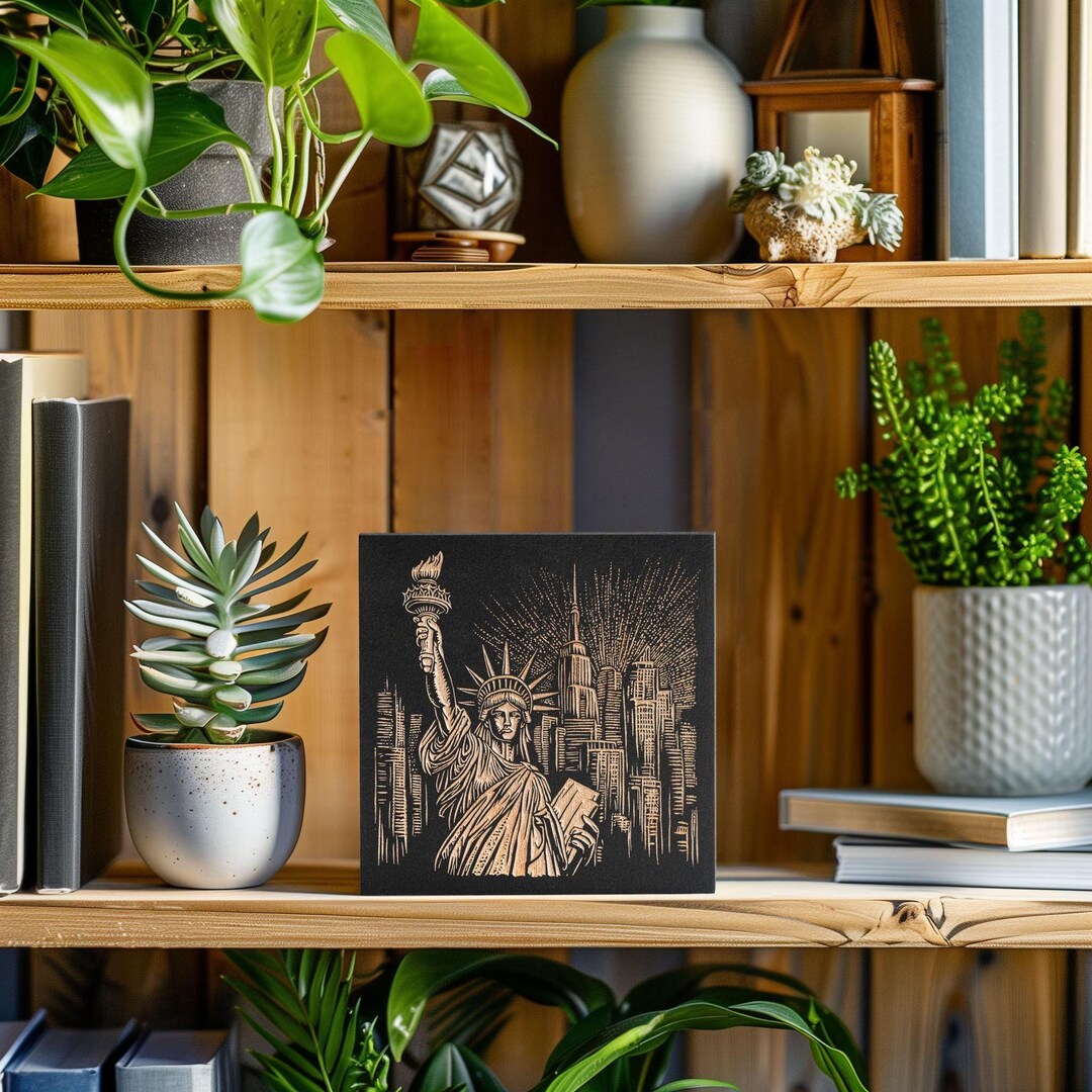 Statue of Liberty New York City Engraved Birch Wood Panel | Linocut ...