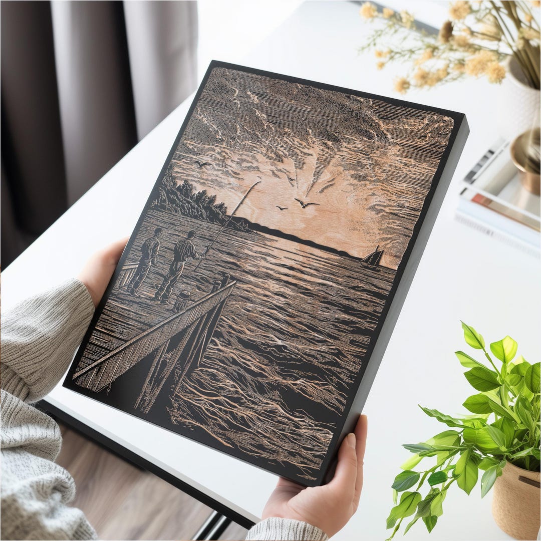 Fishing on a Pier Wall Art | Coastal Inspired Engraved Wood Lithograph ...