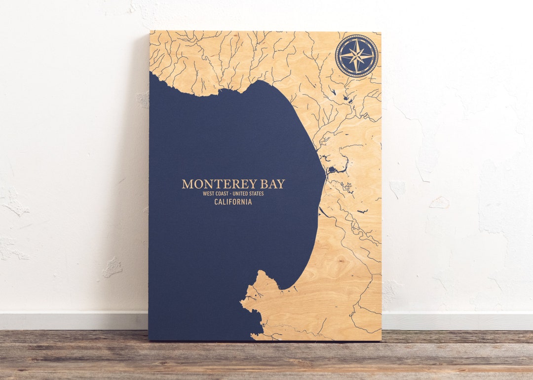 Monterey Bay, California Map Engraved Wood Coastal Art Sign, Beach ...