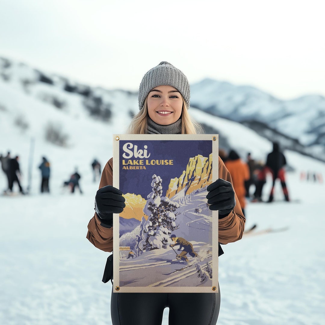 Ski Lake Louise Alberta Felt Poster Banner Vintage Ski Mountain Wall ...