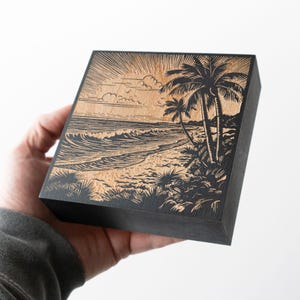 Tropical Beach View Mini Engraved Birch Wood Panel | Block Print Style ...