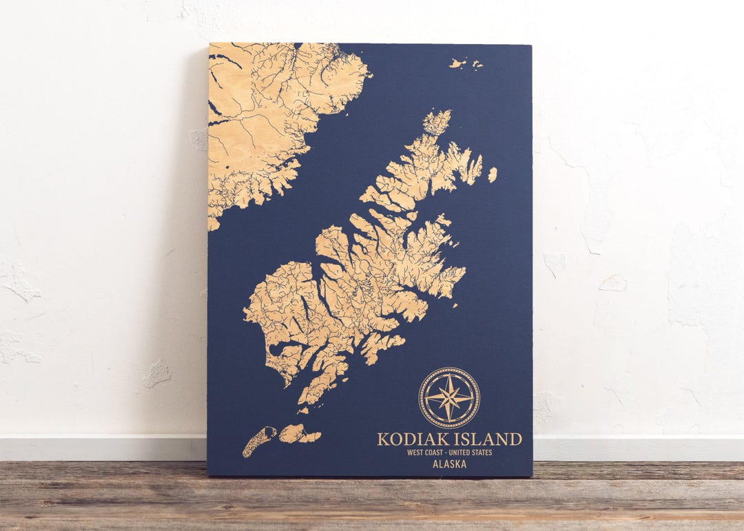 Kodiak Island, Alaska Map | Engraved Wood Coastal Art Sign, Beach House ...