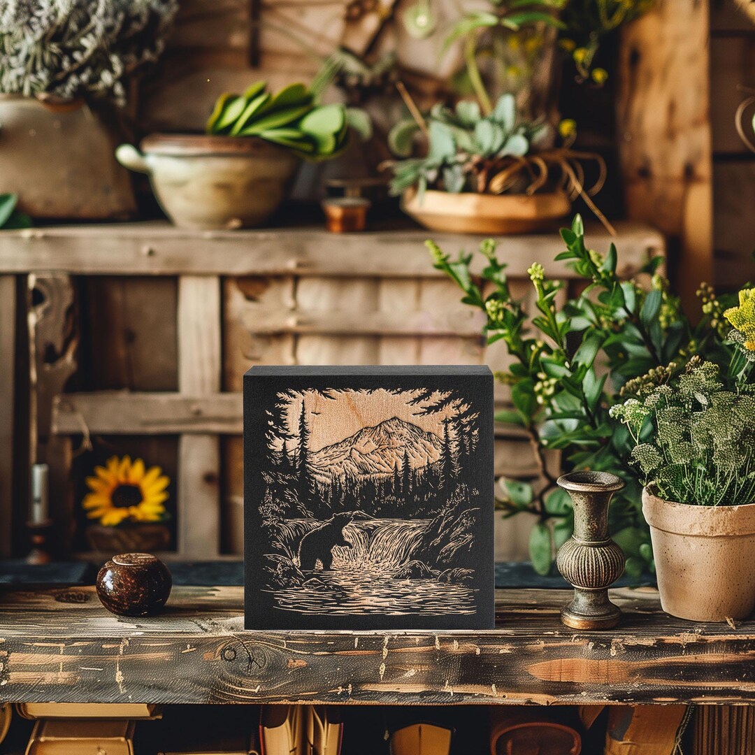 Alaska Bear in the Salmon Run Engraved Birch Wood Panel Linocut Block ...