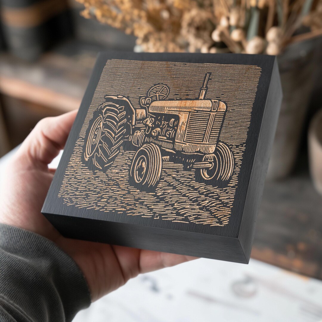 Farm Tractor Engraved Wood Wall Art Panel | Linocut Block Print Style ...