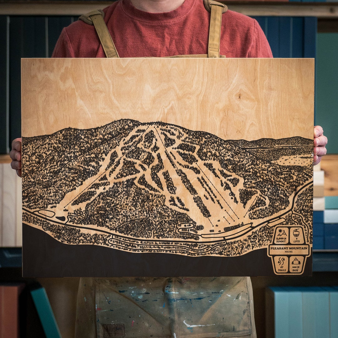 Pleasant Mountain, Maine Trail Map Engraved Wood Wall Art, Winter Sport ...
