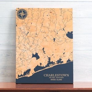 Charlestown, Rhode Island Map | Engraved Wood Coastal Chart Wall Art ...