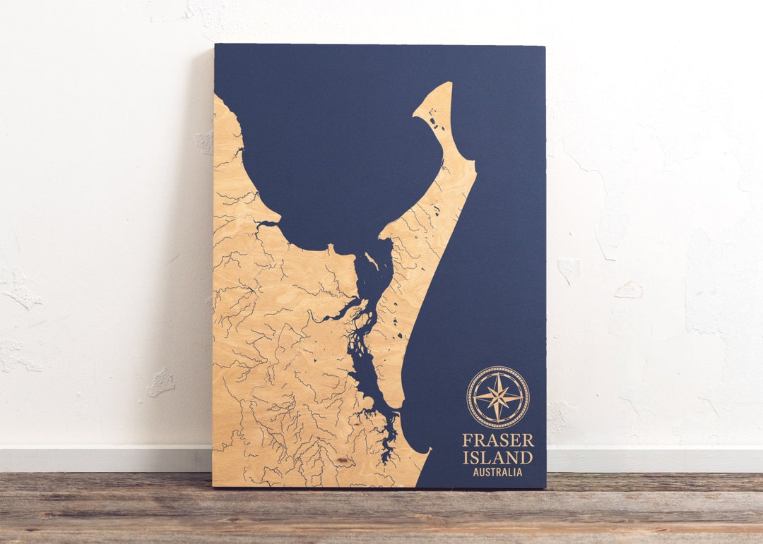 Fraser Island, Australia Map Engraved Wood Coastal Chart Wall Art Sign ...