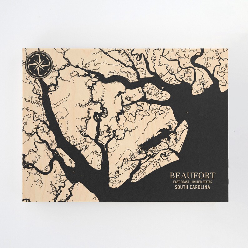 Beaufort South Carolina Map Engraved Wood Coastal Wall Art | Etsy
