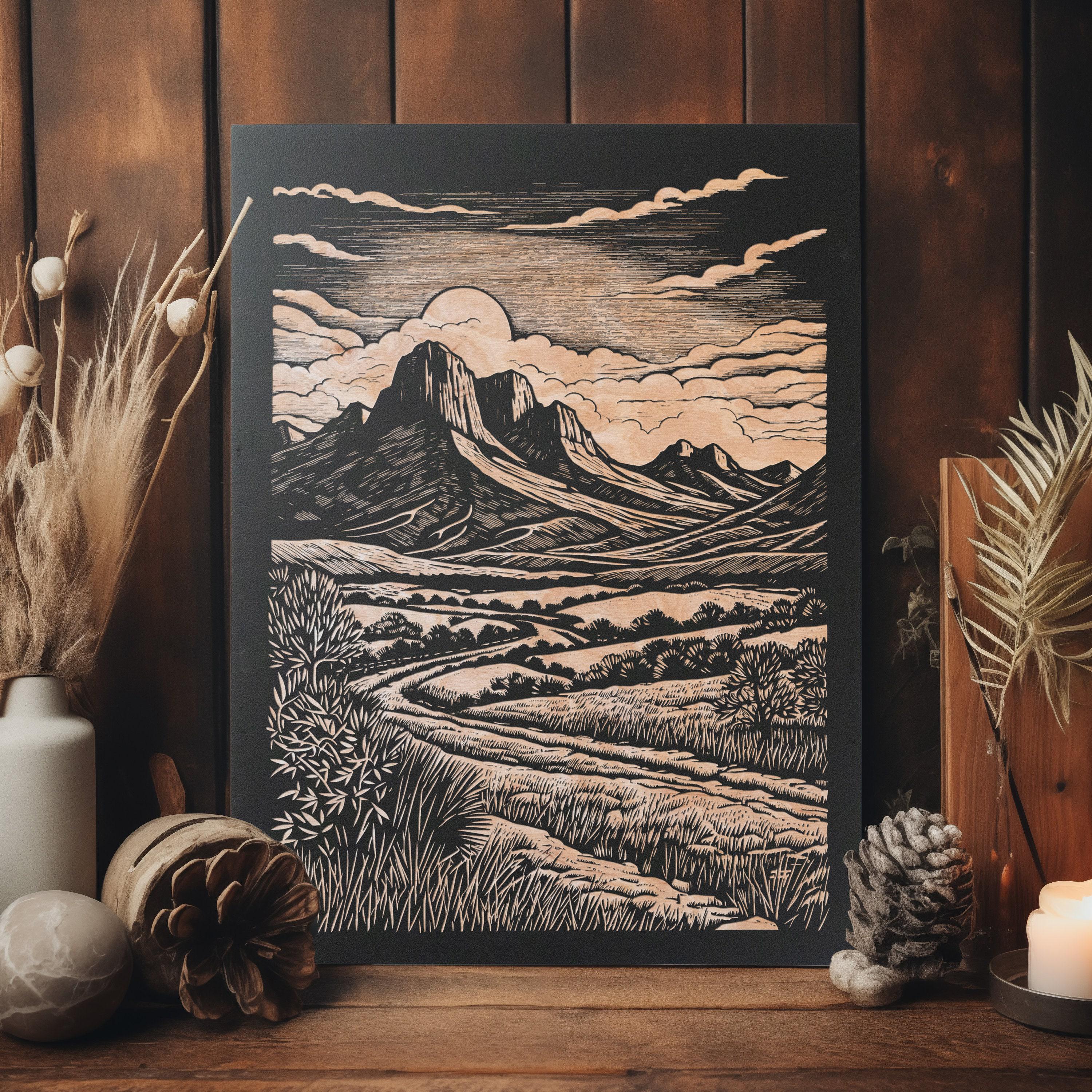 Mini Desert Road Engraved Birch Wood Panel | Southwestern Block Print ...