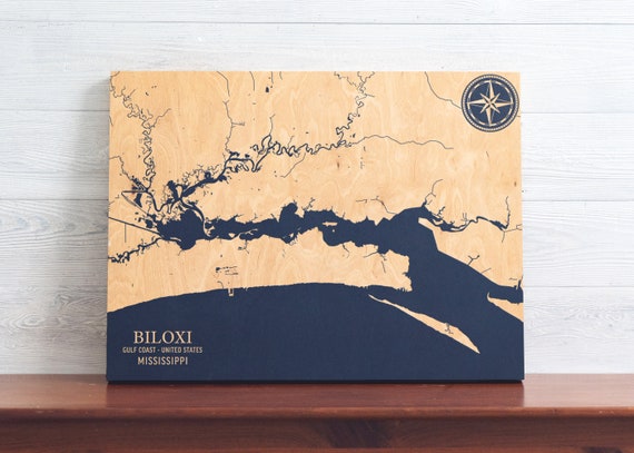 Biloxi Mississippi Map Engraved Wood Coastal Chart Wall Art | Etsy