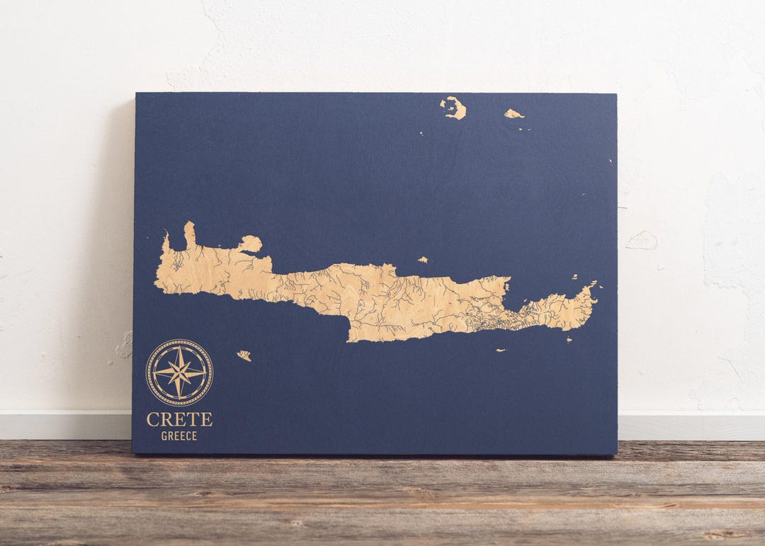 Crete, Greece Map | Engraved Wood Coastal Chart Wall Art Sign, Beach ...