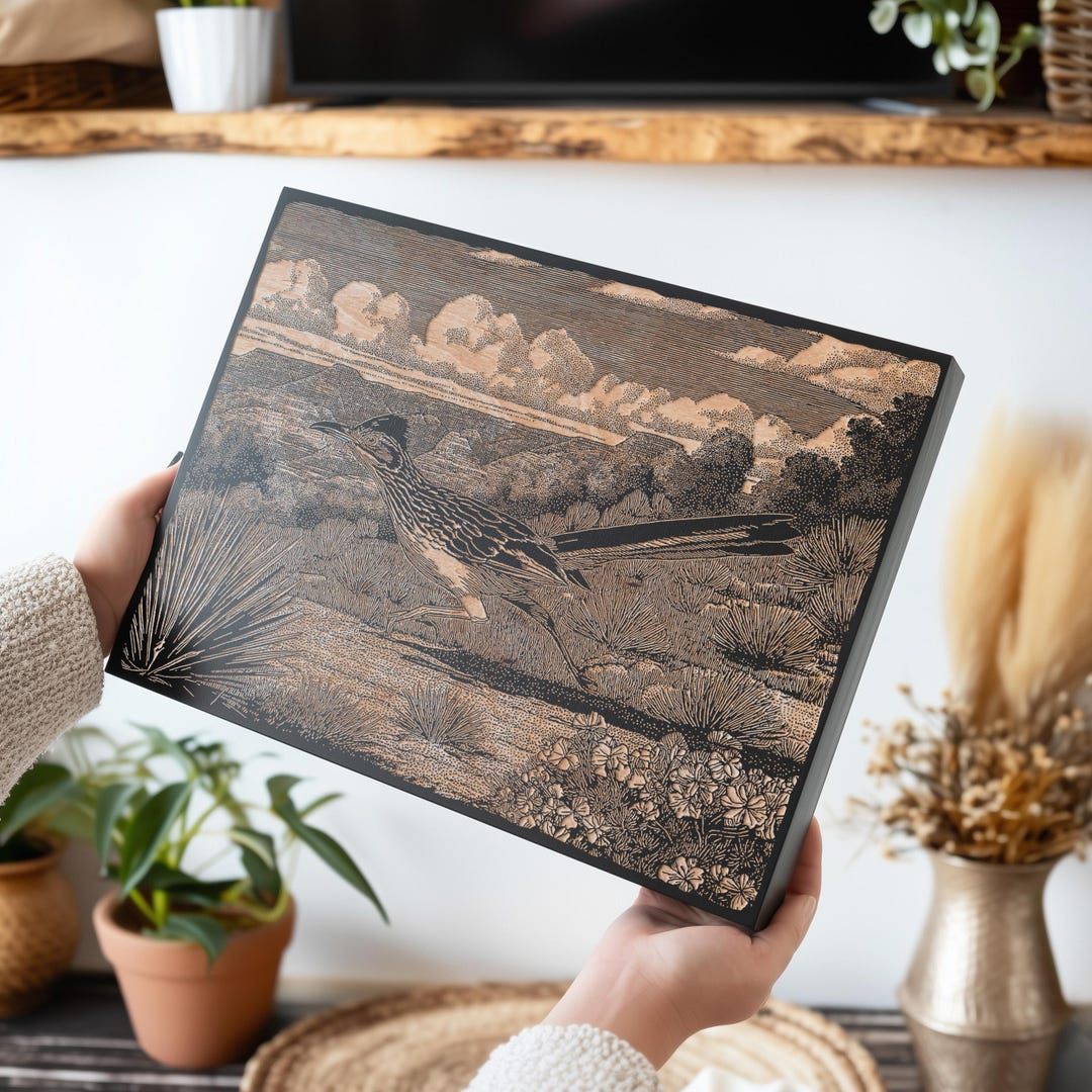 Roadrunner in the Desert Scene Wall Art | Wood Lithograph Illustration ...