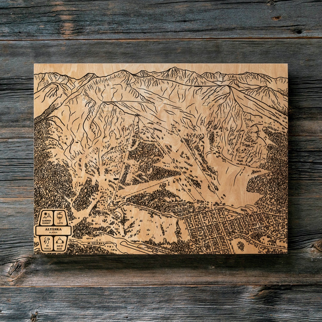 Alyeska, Alaska Ski Trail Map | Engraved Wood Wall Art, Winter Sport ...