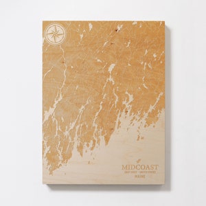 Midcoast, Maine Map Engraved Wood Coastal Chart Wall Art Sign, Beach ...
