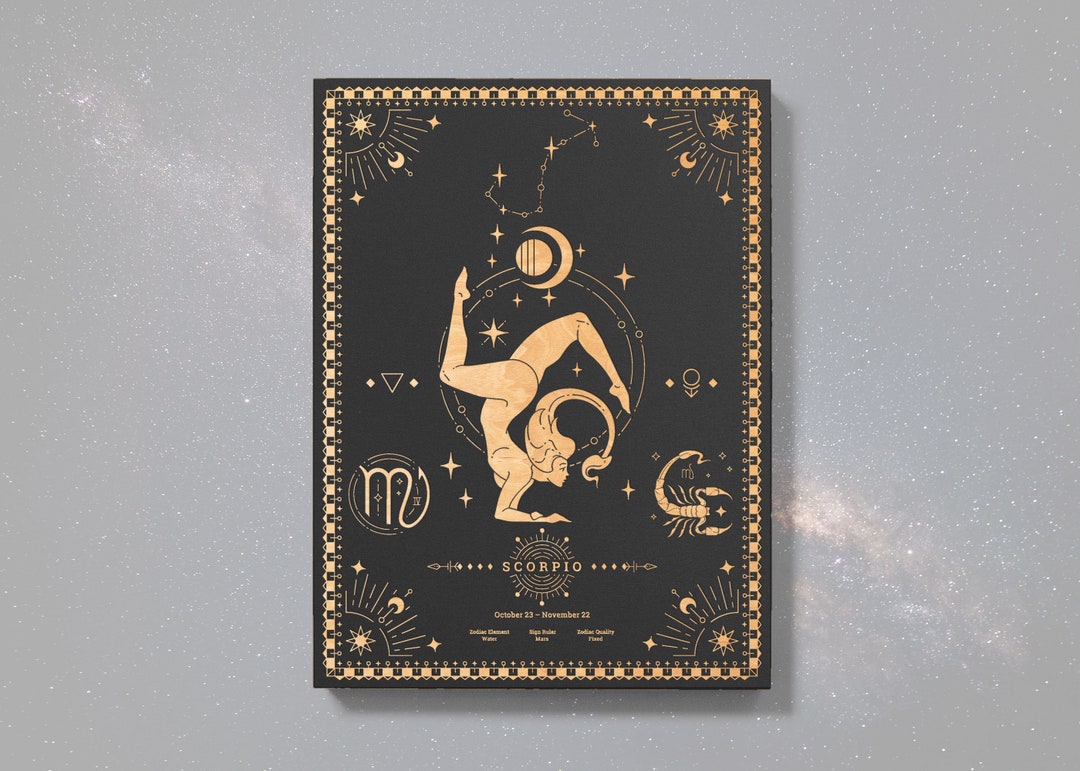 Scorpio Engraved Wood Wall Art Zodiac Mystical Home Decoration Print ...