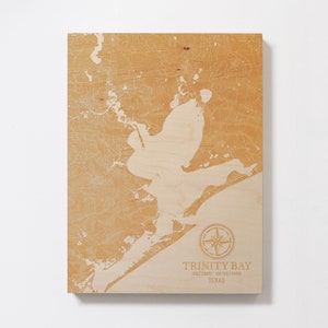 Trinity Bay, Texas Map Engraved Wood Coastal Chart Wall Art Sign, Beach ...
