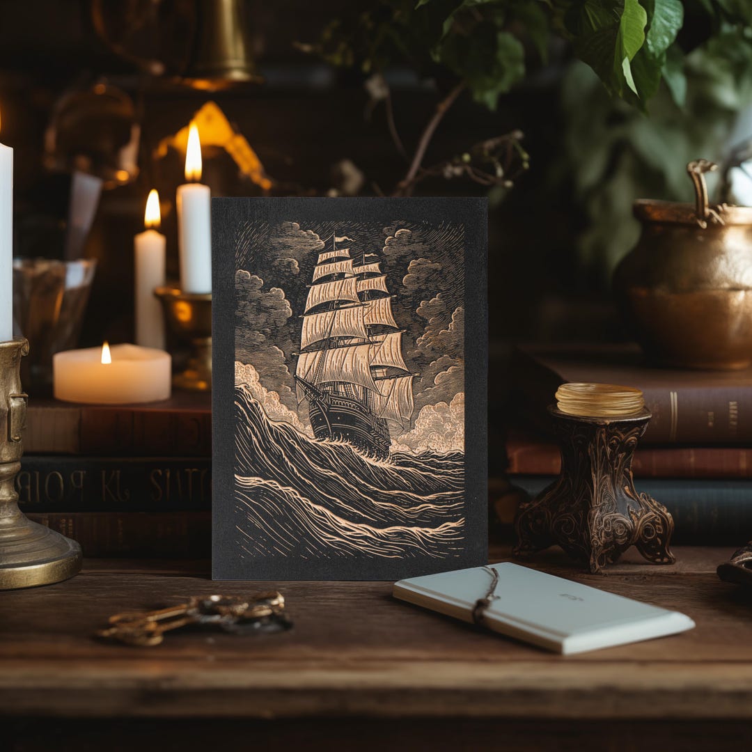 Mini Clipper Ship Engraved Wood Panel | Vintage Nautical Block Print ...