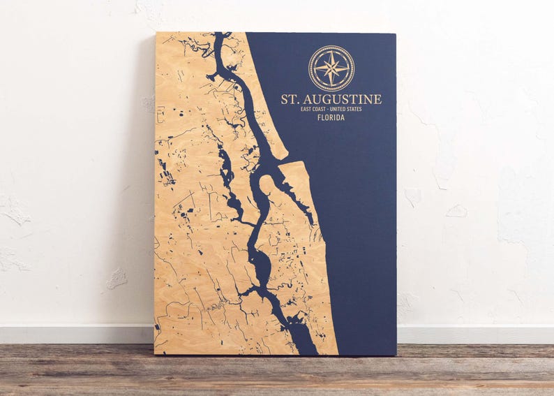 St. Augustine, Florida Map | Engraved Wood Coastal Wall Art Sign, Beach ...