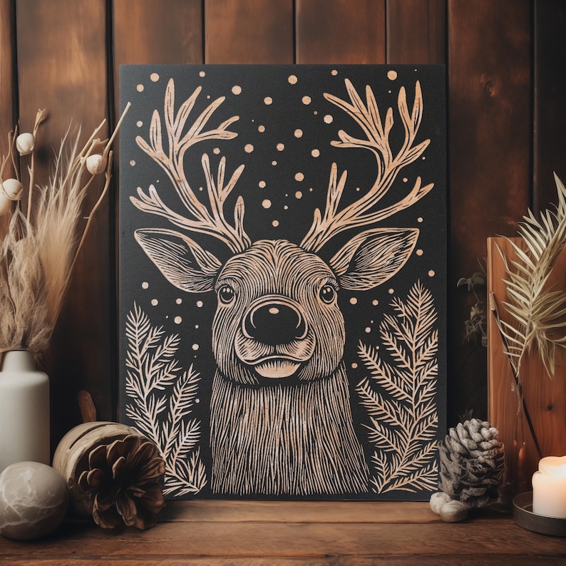 Santa's Reindeer Engraved Wood Panel | Retro Block Print Wall Art ...