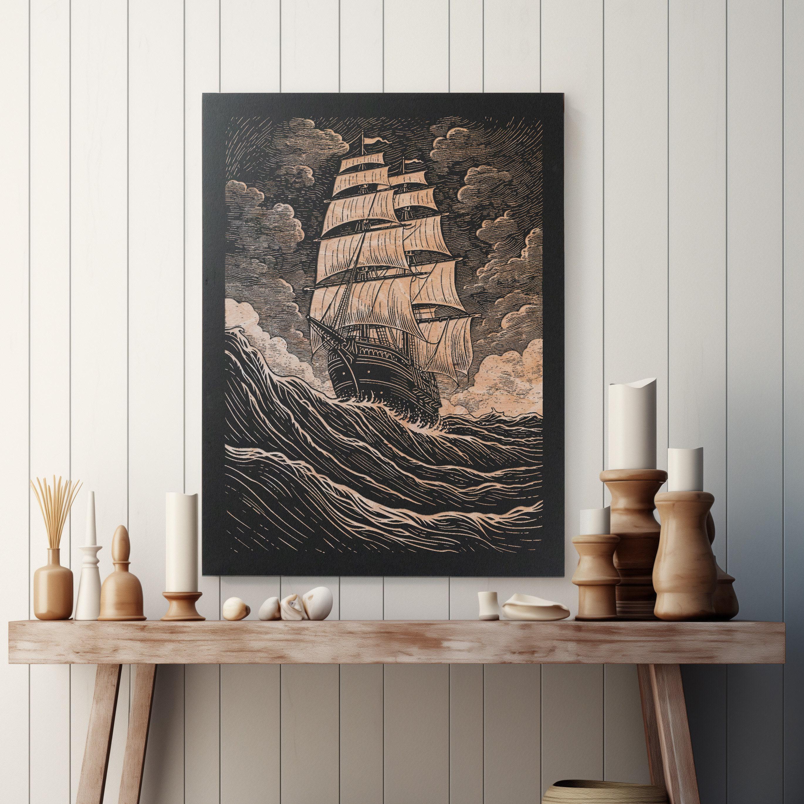 Clipper Ship Engraved Wood Panel | Vintage Nautical Block Print Wall ...