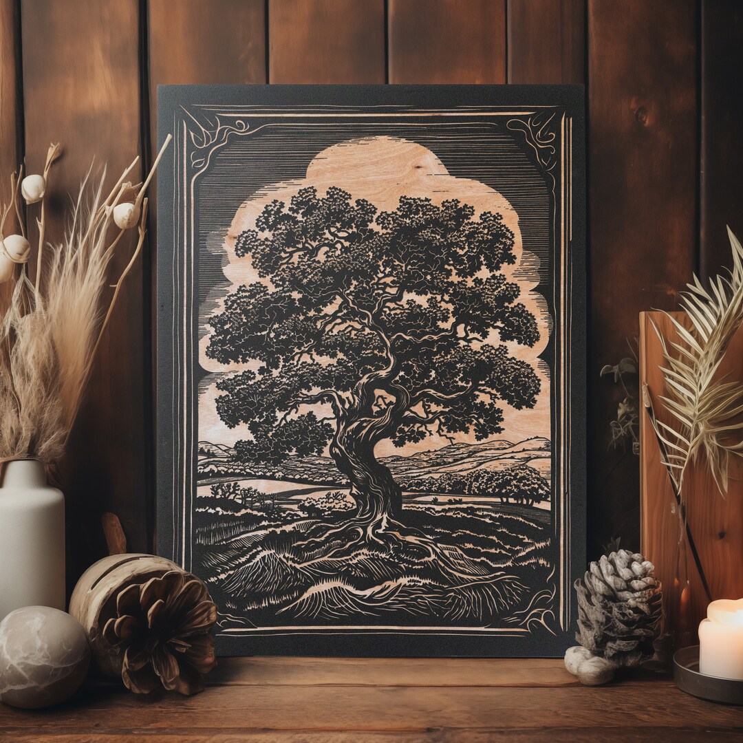 Old Oak Tree Engraved Birch Wood Panel | Block Print Inspired Natural ...