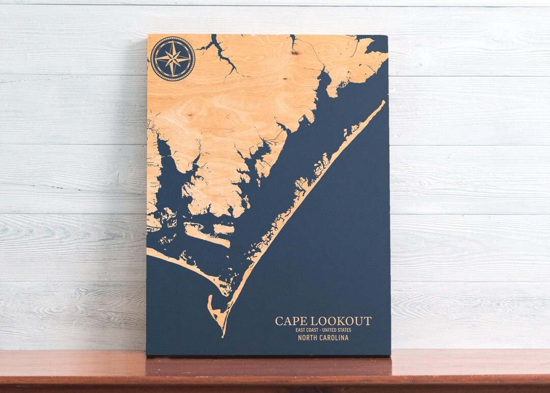 Cape Lookout, North Carolina Map | Engraved Wood Coastal Chart Wall Art ...