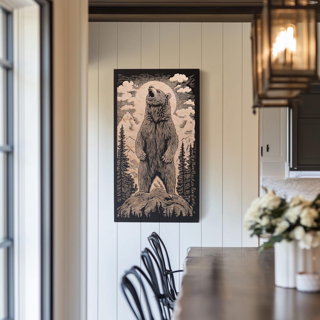 Grizzly Bear Engraved Birch Wood Panel | Block Print Inspired Animal ...