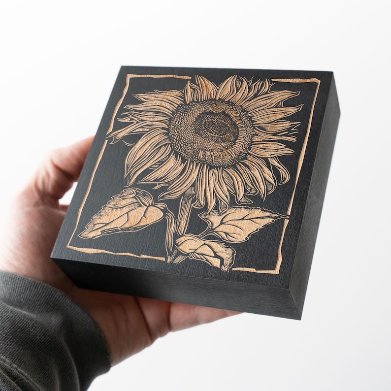 Sunflower Mini Engraved Birch Wood Panel | Block Print Style Flower ...