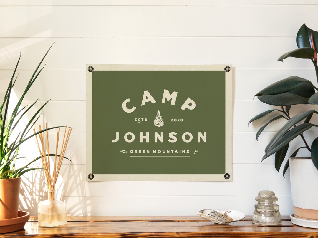 Custom Camp Name Sign Felt Banner Classic Vintage Style Typography Flag ...