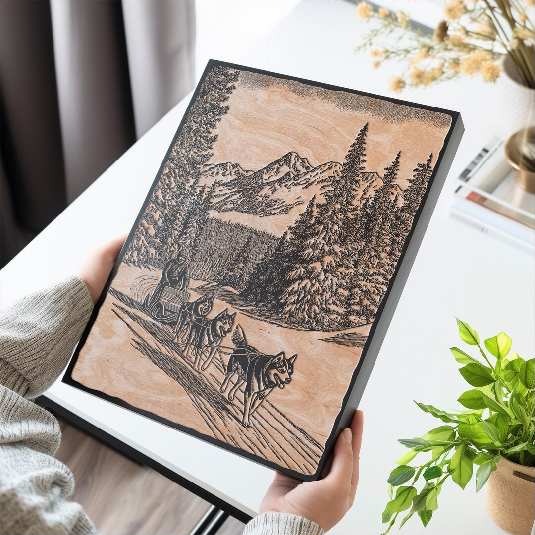 Dog Sledding Wall Art | Nature Inspired Engraved Wood Lithograph ...