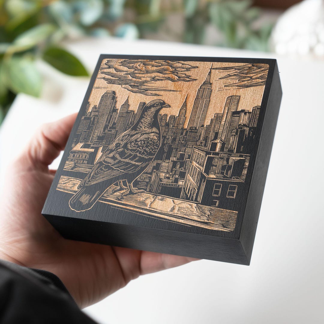 Pigeon in New York City | Engraved Birch Wood Panel | Linocut Block ...