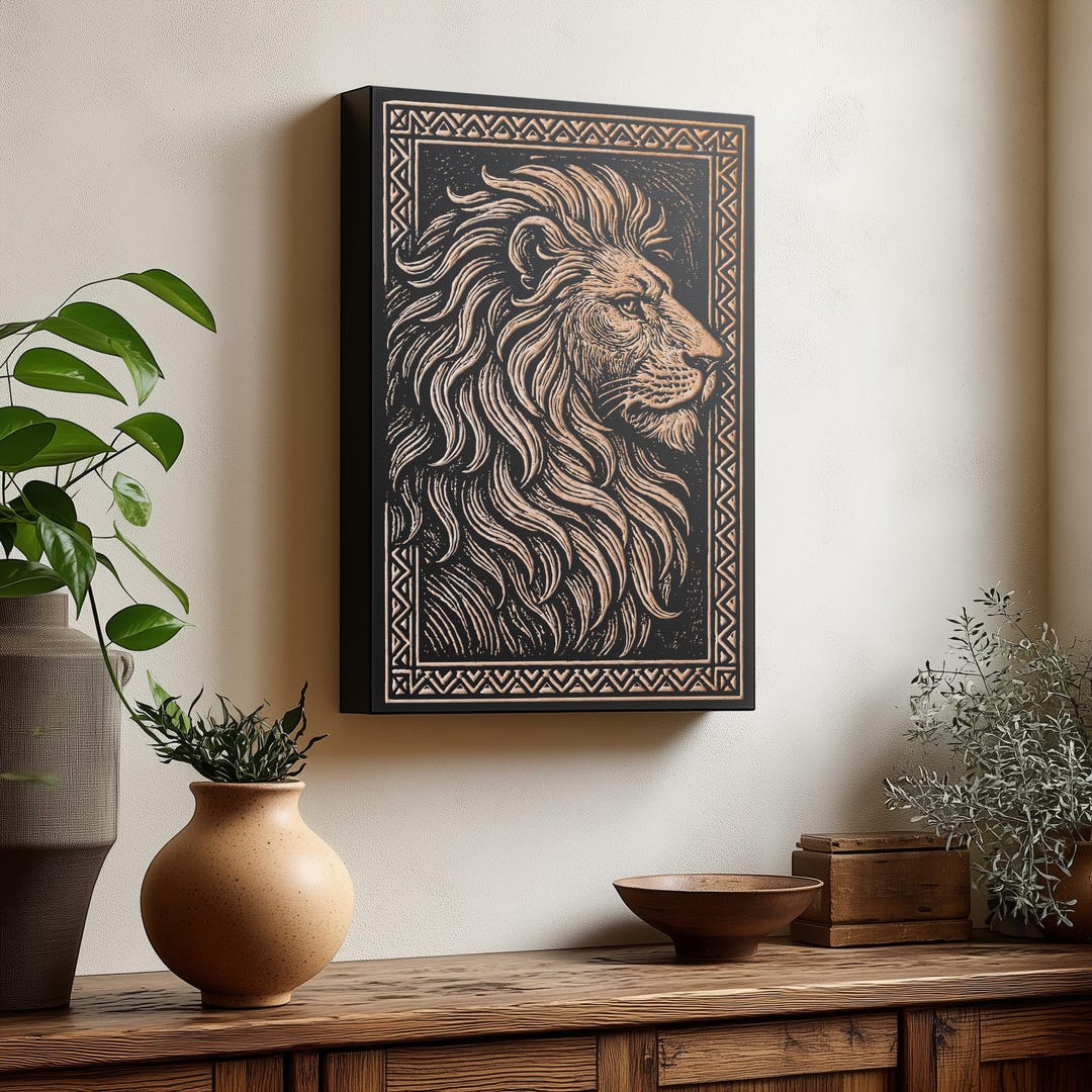 Lion Engraved Illustration : Safari Inspired Birch Wood Wall Art ...