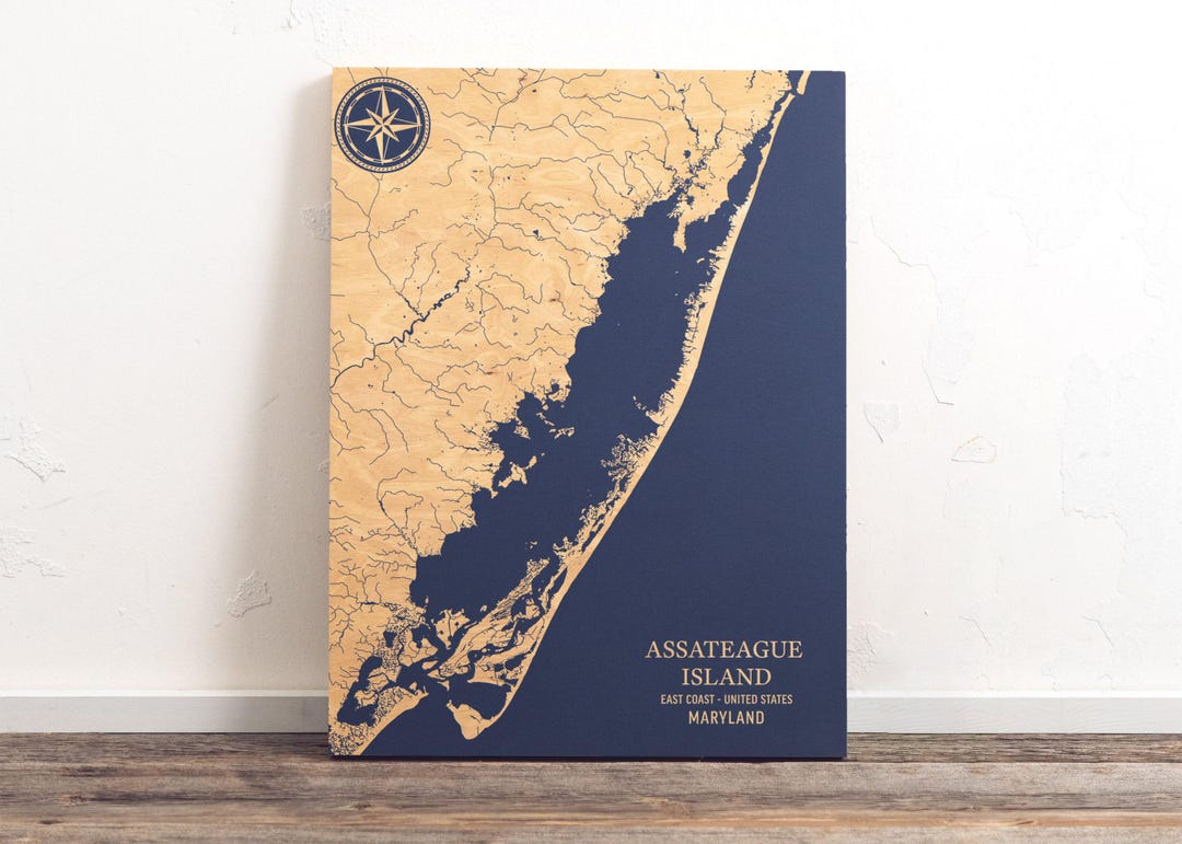 Assateague Island, Maryland Map | Engraved Wood Coastal Chart Wall Art ...