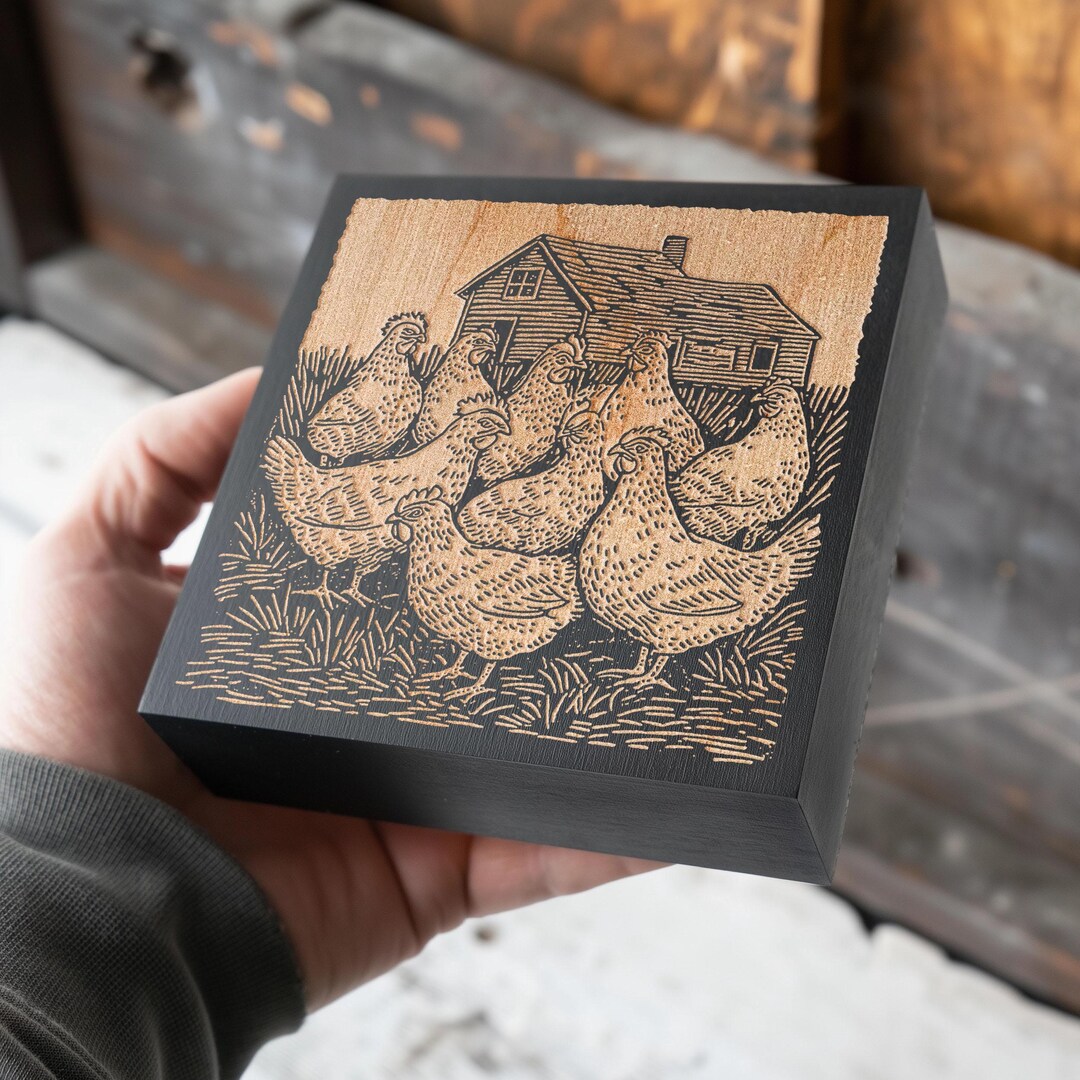 Chickens on a Farm Engraved Wood Wall Art Panel | Block Print Style ...