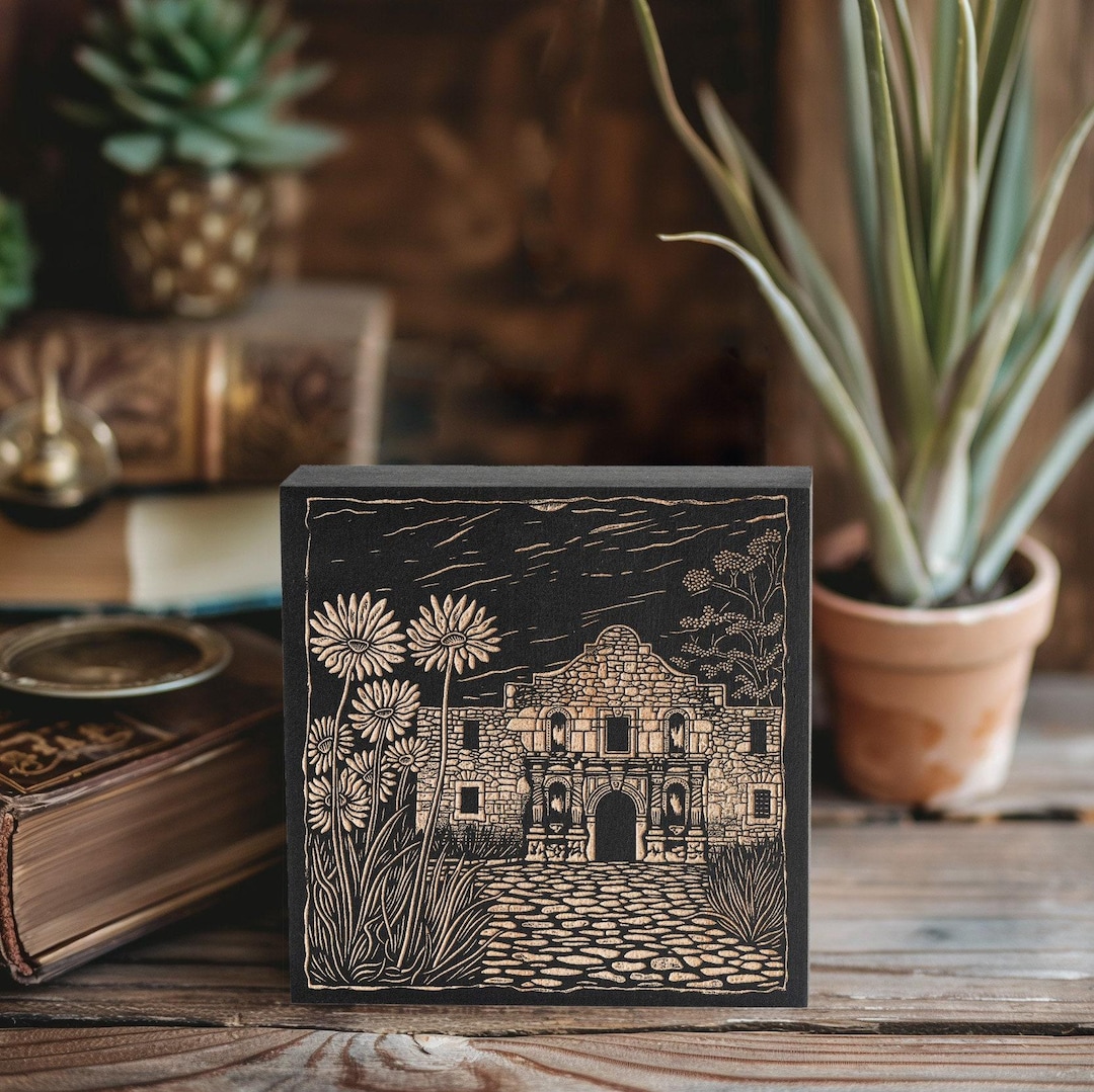 Texas Alamo Engraved Birch Wood Panel | Linocut Block Print Wall Art ...