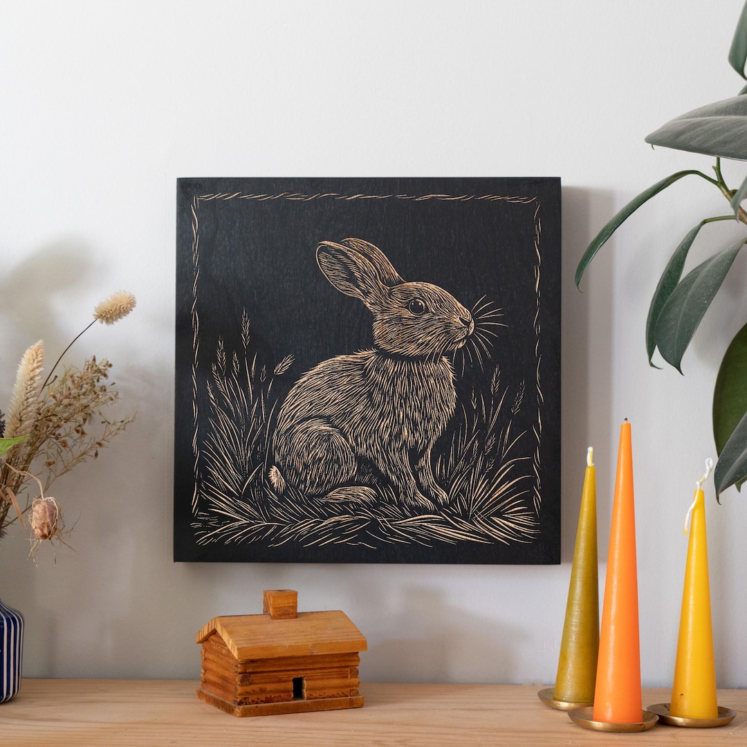 Rabbit Engraved Birch Wood Panel Block Print Style Woodland Wall Art ...