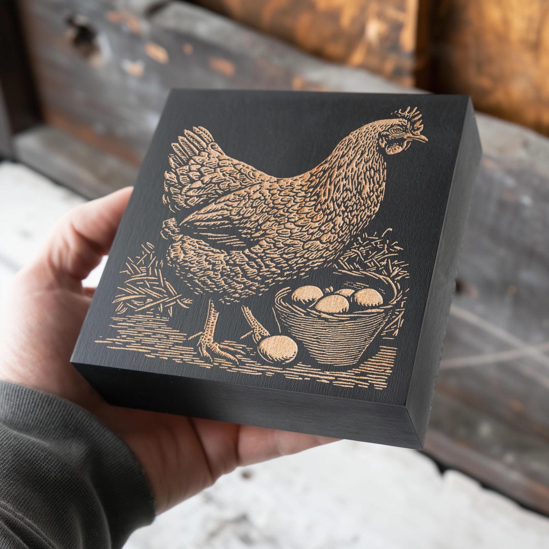 Hen With Eggs Engraved Wood Wall Art Panel | Linocut Block Print Style ...