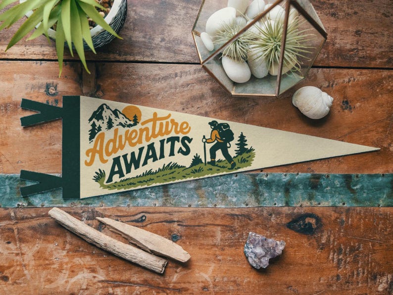 Adventure Awaits Felt Pennant | Natured Theme Wall Decor, Hiking Camp ...