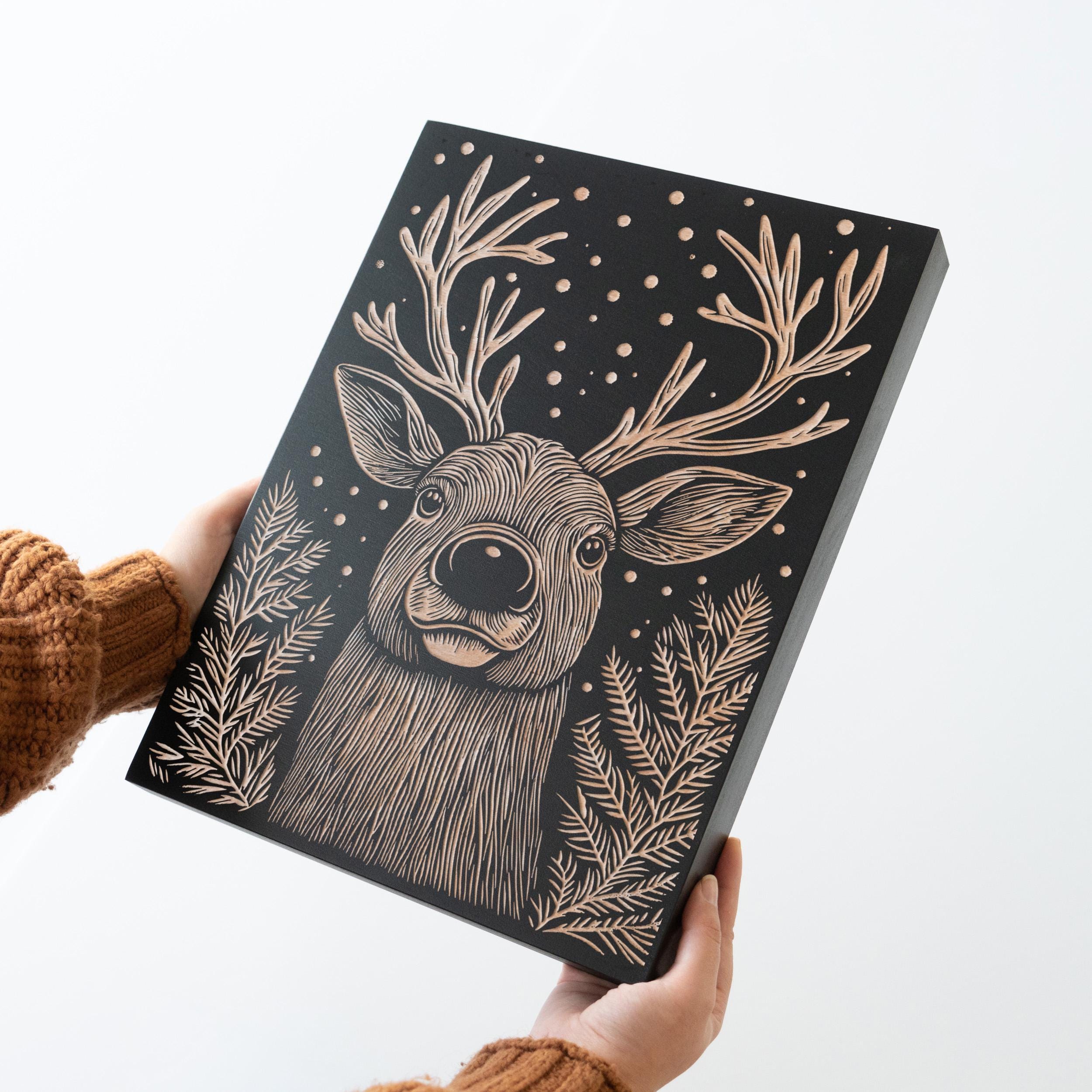 Santa's Reindeer Engraved Wood Panel | Retro Block Print Wall Art ...