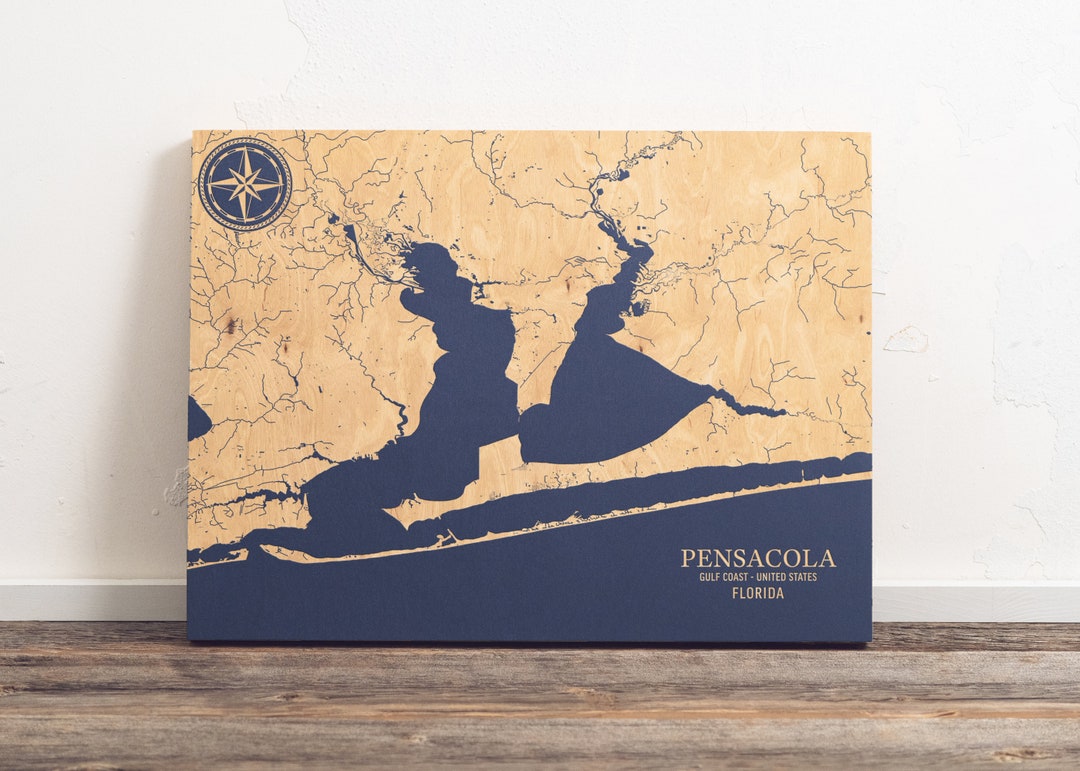 Pensacola, Florida Map | Engraved Wood Coastal Art Sign, Beach House ...