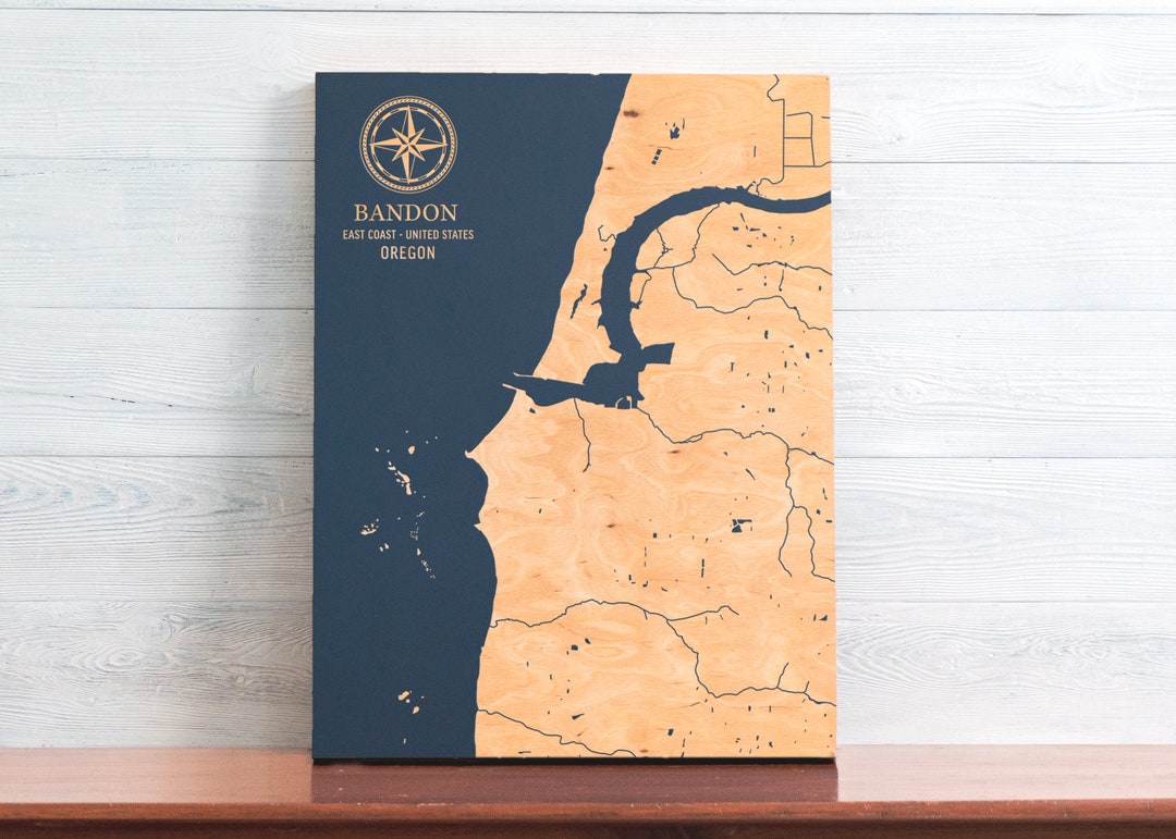 Bandon, Oregon Map Engraved Wood Coastal Chart Wall Art Sign, Beach ...